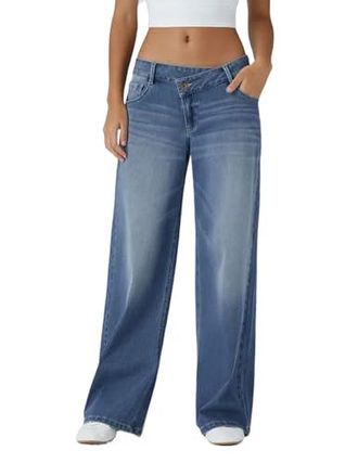 Generic &Eacute;l&eacute;gant jean baggy taille haute pour femme avec poches larges en denim d&eacute;lav&eacute; pour un ajustement confortable, bleu, XXS