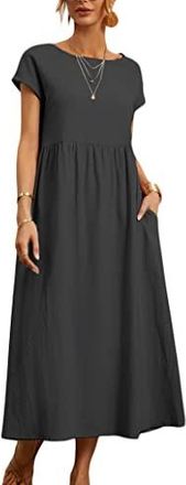 ORANDESIGNE Robe Tunique Femme Coton Et Lin Manches Courtes Chic et Elegant Longue Swing Robe Plage Boho Ample Robe Tee Shirt avec Poche Maxi Robe Grande Taille D