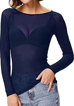 Generic Haut à manches longues en maille transparente pour femme - Noir - Extensible - Décontracté - Coupe ajustée - Col rond - Pull - Chemisier de fête - T-s