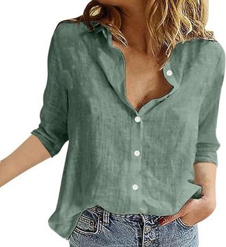 Generic Chemisier d&eacute;t&eacute; en coton &agrave; col en V - Chemise en lin &agrave; manches longues pour femme - T-shirt uni surdimensionn&eacute; - Hauts de travail d&eacute;t&eacute; - Hauts en lin p