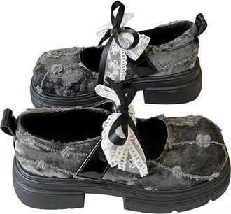 Generic Y2K - Chaussures Mary Jane &agrave; plateforme grunge pour femme, en velours denim vieilli, avec noeud en dentelle, semelle &eacute;paisse, style d&eacute;contract&eacute;, style