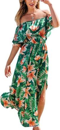 Cupshe Robe dété pour Femme épaules dénudées Manches Courtes Ébouriffé Tropical Robes Longues