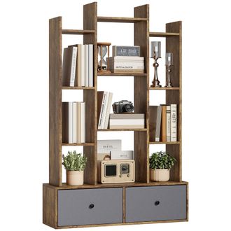HOMCOM Tree Bookshelf, 12-Tier Floor Standing Bookcase mit 2 klappbaren Schubladen, freistehende Buchregal Lagerung Display Regal Einheit f&uuml;r Wohnzimmer, Hom