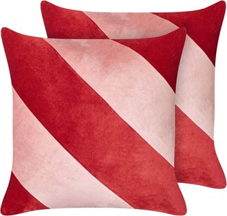Beliani Dekokissen 2er Set Samtstoff rosa/rot gestreift 45 x 45 cm mit F&uuml;llung Boronia