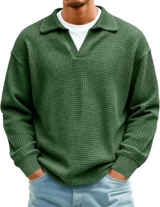 Generic Polo pour homme grand et grand t-shirt gaufr&eacute; col en V coupe ample &agrave; manches longues T-shirts de golf l&eacute;gers et respirants T-shirts de golf d&eacute;contract