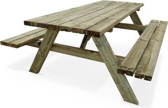 Sweeek Table de pique-nique 180 cm avec bancs rabattables en bois. 6 places - PANCHINA - Table de jardin robuste en pin sylvestre