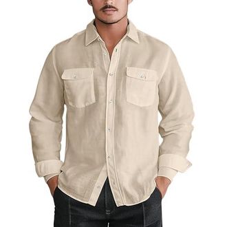 Generic Chemise d&eacute;t&eacute; en coton et lin pour homme avec poches en coton et lin - Chemise d&eacute;contract&eacute;e blanche &agrave; manches longues - Couleur unie - Col de chemise d
