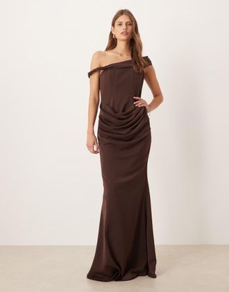 Six Stories Maxikleid in Schokobraun mit verdrehtem Tr&auml;ger und St&auml;bchen-Korsett-Brown