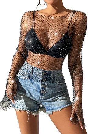 Feoya Mesh Kristall Y2k Crop Top Glitzer Top Fischnetz Cover Up Strass Netzshirt Pailletten Netzoberteil für Nachtclub Party Festival Schwarz XS