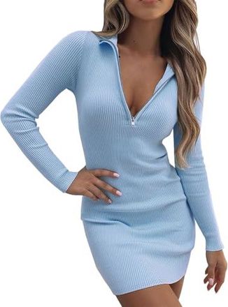 Generic 2025-Robe Sexy Femme Manche Longue- Robe Portefeuille Col Revers avec Zipp&eacute;e Tricot Couleur Unie Chic Et &Eacute;l&eacute;gants Casual Slim Fit De Tous Les Jours Pa
