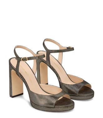 Stuart Weitzman Metallic Textile Block Heel Platform Sandal - Platinum