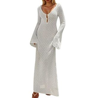 Generic Robe chemisier pour femme - Robe maxi en crochet à enfiler - Pour la plage, la natation, les vacances - Manches longues - Sexy - Moulante - Robe dété 