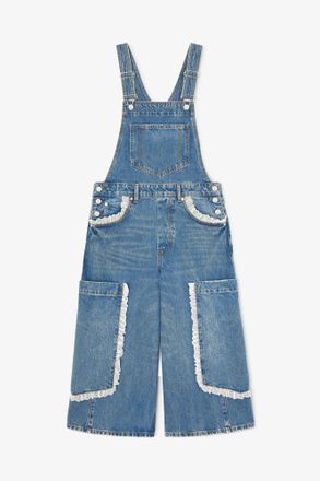 Ganni blau Verk&uuml;rzte Latzhose mit Spitze aus festem Denim Bio-Baumwolle - Gr&ouml;&szlig;e 32