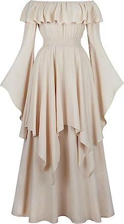 Generic Robe Medievale Femme Halloween avec Manches Trompette Gothique Maxi Robe De Carnaval Steampunk Vintage Deguisement Halloween Carnaval Soir&eacute;e F&ecirc;te No&euml;l