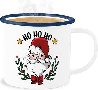 Shirtracer Emaille Becher Blechbecher - Weihnachtstasse Tasse Weihnachten - Ho Ho Ho mit Weihnachtsmann und Weihnachtsschmuck - 300 ml - Weiß Blau - weihnachtsta