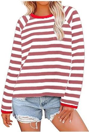 Generic Sweat-shirt ray&eacute; pour femme - Pull imprim&eacute; &agrave; rayures - Haut &agrave; manches longues et col rond - Chemises Y2k - Coupe ample - Chemisiers d&eacute;contract&eacute;s - T-s