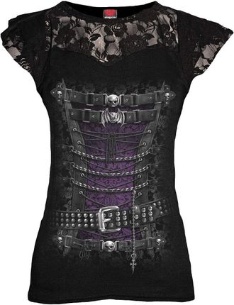 Spiral Direct Damen Waisted Corset - Lace Layered Cap Sleeve Top Black T-Shirt, Schwarz (Black 001), 38 (Herstellergr&ouml;&szlig;e: Medium)