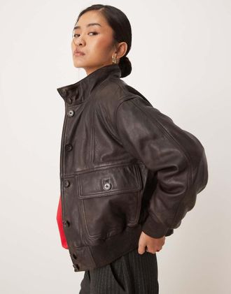 Mango Veste en cuir &agrave; col montant - Chocolat-Brown