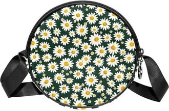 Generic Petit sac &agrave; bandouli&egrave;re rond pour femme, motif marguerites avec fermeture &eacute;clair, bretelles r&eacute;glables, sac &agrave; main rond d&eacute;contract&eacute; pour femmes et fill