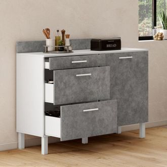 IDMarket Buffet bas casserolier de cuisine 120 cm CINA plan de travail H.83 cm 1 porte + 3 tiroirs blanc et effet b&eacute;ton