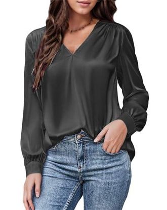 Generic Womens Dressy Satin Blouses Fall Long Sleeve Work Shirts Business Casual V-Neck Tops