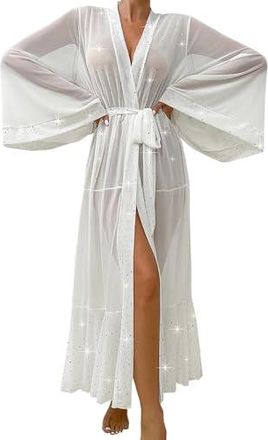Generic Robe de chambre en tulle scintillante pour femme avec bordure &agrave; manches longues et ceinture, chemise de nuit sexy en r&eacute;sille, sous-v&ecirc;tements, lingerie