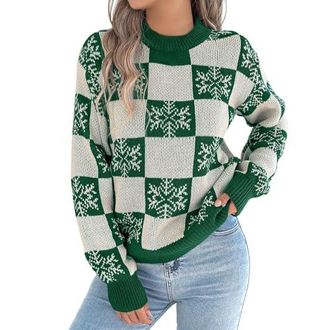 Generic Pulls De Noel Femme Hiver Chaud,Pull dhiver FéMinin à Manches Longues Motif Flocons De Neige Et Grilles Tricot Confortable pour Tenue Quotidienne