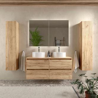 Cygnus Bath Meuble salle de bain - 120 cm - Double vasques &agrave; poser - Effet ch&ecirc;ne brut - A suspendre - KARAIB