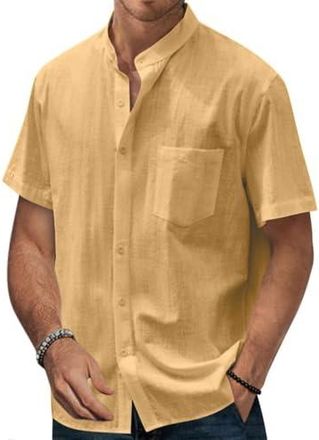 Onsoyours Chemise Homme Manche Courte Col Mao Chemise &Eacute;t&eacute; Homme Leger en Coton Chemise De Plage Classique Casual Regular Fit Henley Shirt A Orange XXL