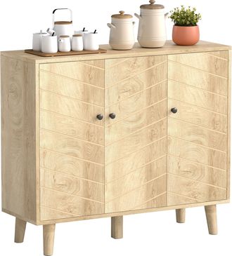 HOMCOM Sideboard Schrank, Moderne Vintage K&uuml;che Lagerung Schrank mit 3 Chevron-T&uuml;ren und Kiefer Holz Beine f&uuml;r Wohnzimmer, K&uuml;che, Flur, Naturholz Finish