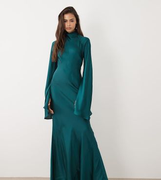 Asos Tall ASOS DESIGN Tall - Robe longue en satin &agrave; manches fendues et d&eacute;tail foulard - Sarcelle-Bleu