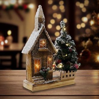 ECD Germany Maison de No&euml;l D&eacute;corative en Bois avec &Eacute;clairage LED, Blanc Chaud, 27x11x44 cm, Aliment&eacute;e par Piles, avec Minuterie, D&eacute;coration de No&euml;l dInt&eacute;rieur, Fi