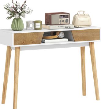 HOMCOM Schmaler Konsolentisch, moderner Couchtisch mit 2 Schubladen, Fach und Holzbeinen, f&uuml;r Flur, Eingang, Wohnzimmer, Schlafzimmer, Wei&szlig;