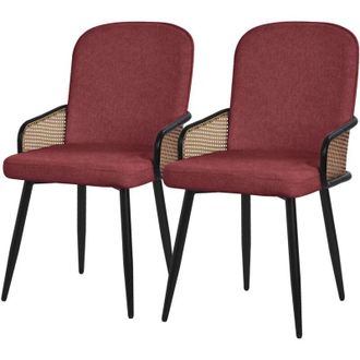 ML Design ML-Design Lot de 2 Chaises de Salle &agrave; Manger en Tissu Rouge, Accoudoirs en Rotin et Pieds en M&eacute;tal Noir, Assise Rembourr&eacute;e Confortable, Fauteuils