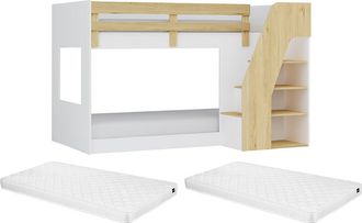 Vente-Unique Etagenbett mit Stauraum + Matratze - 90 x 190 cm - Wei&szlig; & Holzfarben - NAROJAS