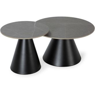 Calicosy Lot de 2 tables basse rondes en Pierre fritée grises et métal noir - LOUNA