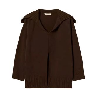 Twinset Pull en maille &agrave; col V et col marin - Femme - Pulls - Brun - Taille: 40 FR