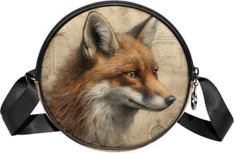 Generic Petit sac &agrave; bandouli&egrave;re rond pour femme, motif renard vintage, avec fermeture &eacute;clair, bretelles r&eacute;glables, sac &agrave; main rond d&eacute;contract&eacute; pour femmes et 