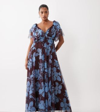 Lace & Beads Plus Robe longue en tulle &agrave; col V et manches &eacute;vas&eacute;es - Chocolat et bleu fleuri-Multi