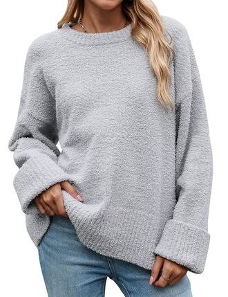 Heekpek Damen Pullover Winter Oversize Warme Rundhalsausschnitt Strickpullover Weicher Winterpullover Plüsch Lockerer Lässige Pullover Damen Herbst, Hellgrau,
