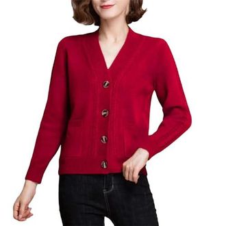 Generic Cardigan tricot&eacute; &agrave; manches chauve-souris pour femme avec col en V et fermeture &agrave; boutons, Bordeaux, S
