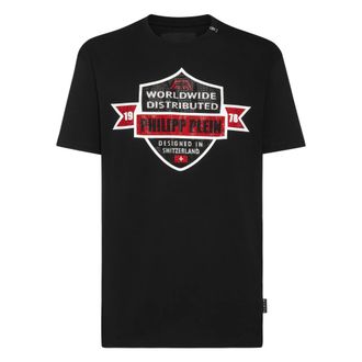 Philipp Plein Homme, Tops, Noir, Taille: XL Round Neck T-Shirt Crest