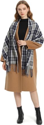 Miss Lulu Damen Schal Winter, weich warm kariert Oversized, Schottenkaro Wolle, lange gedrehte Fransen Stola, Deckenschal f&uuml;r Damen (Marineblau)