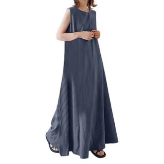 Generic Robe d&eacute;t&eacute; ample pour femme en m&eacute;lange de lin pur de couleur pure, sans manches, &eacute;vas&eacute;e, robe longue pour grandes tailles, Marine, XXL