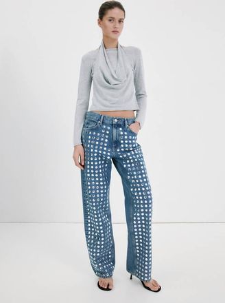 Mango Jean droit clout&eacute; bleu moyen - Femme - 32 - MANGO