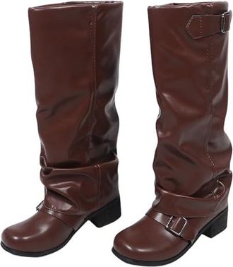 BESPORTBLE UPKOCH Bottes Hautes pour Femme Style Cowgirl Vintage en PU Marron Clair Bottes Western &agrave; Semelle &Eacute;paisse Antid&eacute;rapante Tige Large -Mollet Taille 38 p