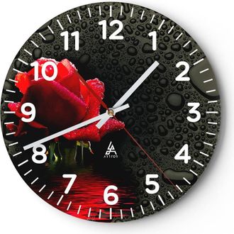 Arttor Modern Wanduhr Blume rote Rose Wasser Tau 40x40cm Rund Gro&szlig; Wand Uhr Glas Analog Zimmeruhren K&uuml;che B&uuml;ro Wohnzimmer Glasuhr Wall Clock Dekoration Desig