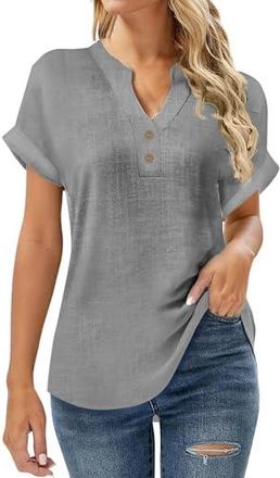 Generic Haut en coton et lin pour femme - Tunique enroulable &agrave; manches courtes - Grande taille - Col Henley - Avec bouton - Col en V - Coupe ample - Pour l&eacute;t&eacute;