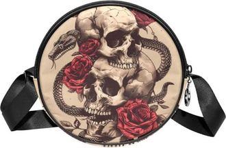 Generic Petit sac &agrave; bandouli&egrave;re circulaire pour femme, motif cr&acirc;nes, serpents, roses, petit sac &agrave; bandouli&egrave;re avec fermeture &eacute;clair, bretelles r&eacute;glables, sac 