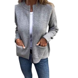 Generic Veste en Maille &agrave; col Rond et Fermeture &eacute;clair, Pull zipp&eacute; uni pour Femme, Veste Tendance &agrave; col Rond avec Poches (Gray,Taille Unique)